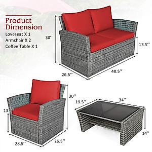 COSTWAY 4 Pieces Patio Rattan Furniture Set, Outdoor Wicker Sofa Set with Tempered Glass Coffee Table, Cushions, All Weather Rattan Conversation Set for Yard Balcony Backyard Pool, Red
