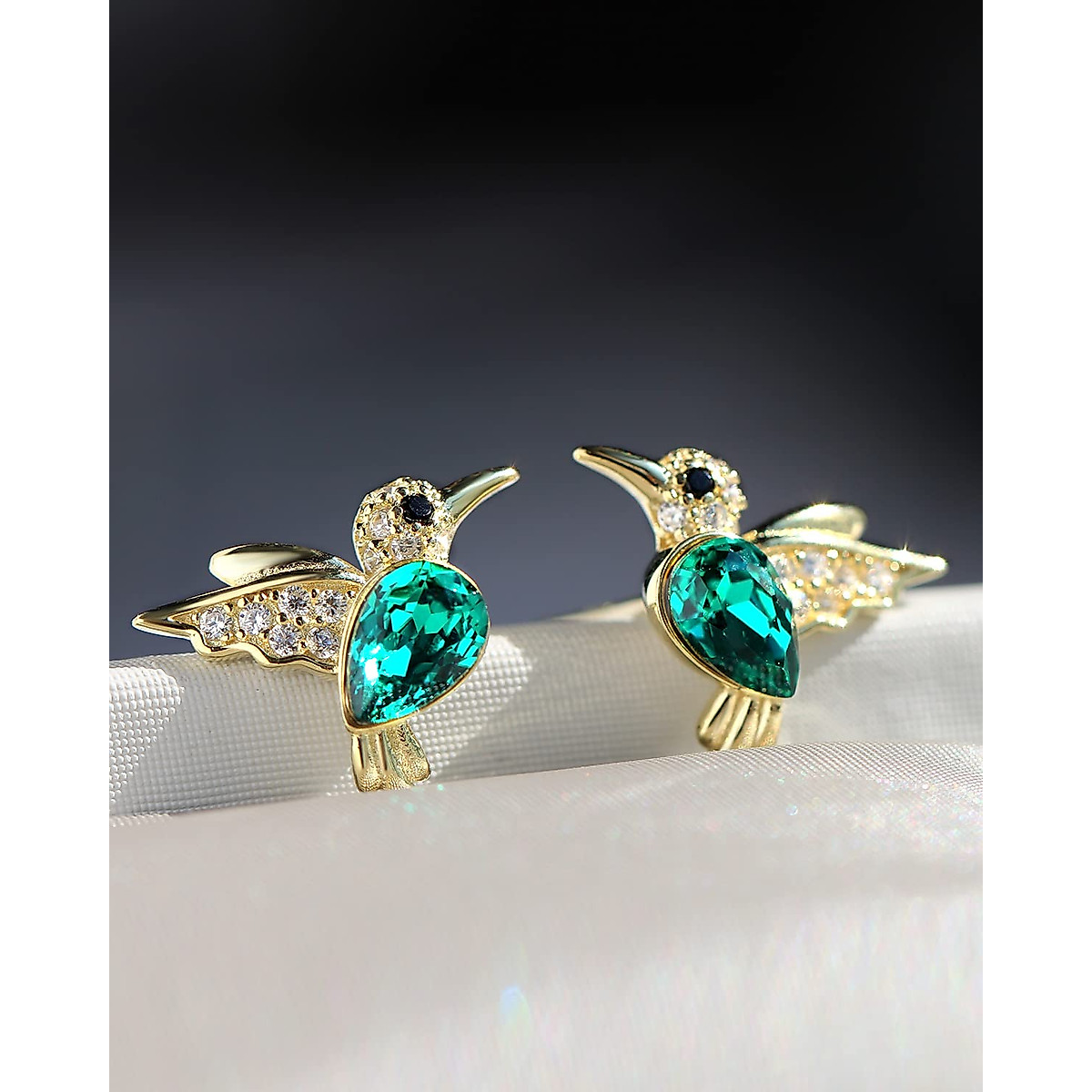 Jewever 925 Sterling Silver Hummingbird Ear Studs Blue Cubic Zirconia Earrings for Women Jewelry Gift Golden