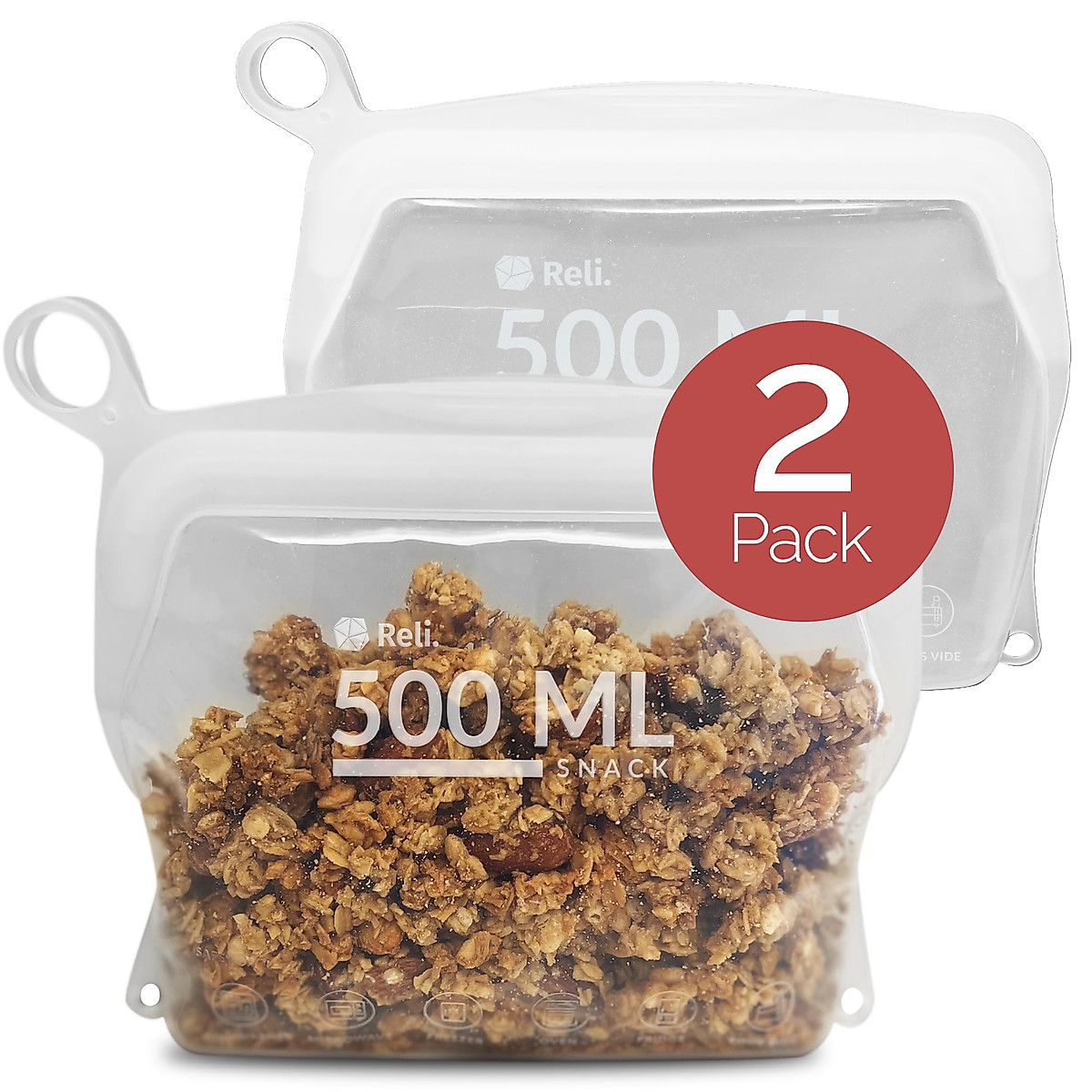 Reli. Reusable Silicone Bags (2 Pack) | Snack (500 ml), Clear | Silicone Bags for Food Storage | Small Reusable Food Storage for Meal Prep, Lunch Boxes | Leak-Proof, Dishwasher/Freezer Safe