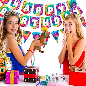 2 Pieces Tie Dye Birthday Party Supplies Happy Birthday Pennant Banner for Tie Dye Party Art Retro 60s 70s Theme Hippie Carnival Baby Shower Birthday Party Decorations