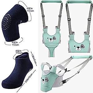 Panitay Handheld Baby Walking Harness Adjustable Toddler Walking Assistant Baby Walker Assistant Belt with 4 Pairs Baby Knee Pads for Crawling 4 Pairs Non Slip Toddler Socks Grips, 7-24 Months Old
