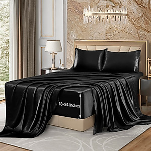 VACVELT 4pcs Extra Deep Pocket Satin Sheets Queen Size Bed Set, Black Satin Sheet Set Fit 18-24 Inch Deep Pocket Mattress, Silky & Luxury Satin Bedding Set Soft & Ultra Deep Fitted Sheet Set