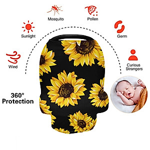 WELLDAY Baby Car Seat Covers Black Sunflower Stretchy Breastfeeding Scarf Breathable Infant Carseat Canopy Nursing Covers Multi Use for Stroller High Chair Shopping Cart Boys and Girls