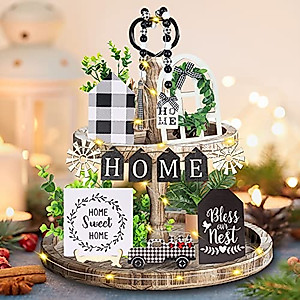 13 PCS Tiered Tray Decor Set, Farmhouse Tray Decor with LED String Lights Beads Garland, Blessed Home Sweet Wooden Sign for Home Kitchen Decor