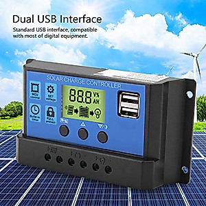 Akozon Solar Panel Controller, Solar Charger Controller Intelligent Panel Battery Regulator PWM 12V 24V Dual USB (YJSS-10A)