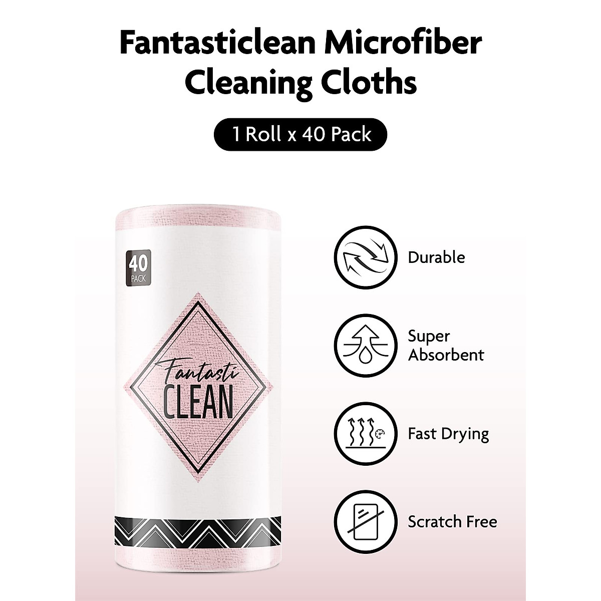 Fantasticlean Microfiber Cloths in a Roll, Reusable Washable Tear Away Cleaning Rag Towels, for Car, House, Garage or Kitchen, 12" x 12", 40 Pack (Pink)