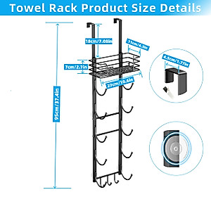 Over The Door Towel Racks for Bathroom,6 Tier Towel Rack Wall Mounted with Metal Shelf and Hooks,Rolled Towel Storage for Bathroom Door Holder Organizer Hanging,Black
