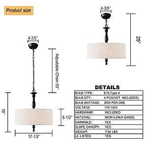 Cawabien 4 Light Drum Chandeliers, Beige Linen Drum Pendant Lighting Fixture with Black Metal Rod Adjustable Hanging Chain Ceiling Lights for Kitchen Island Dining Table Entryway Dia 17.3inch