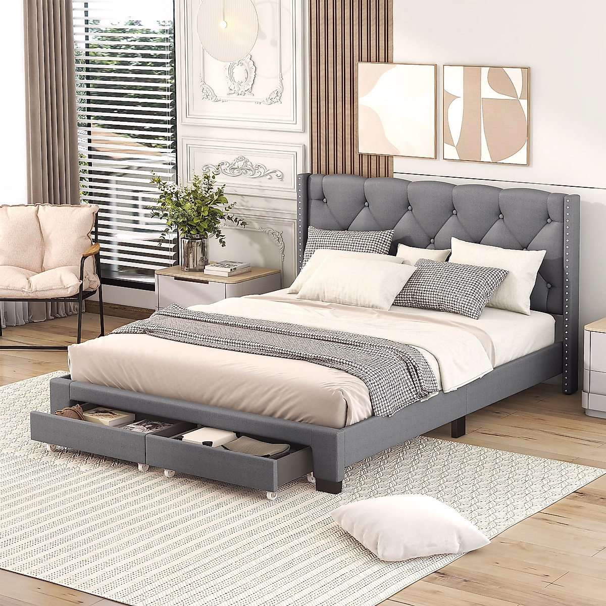 DNYN Upholstered Queen Size Platform Bed with Storage for Kids,Adults Bedroom,Linen Fabric Bedframe w/Two Drawers & Tufted Nailed Headboard,No Box Spring Needed & Space Saving Design, Gray