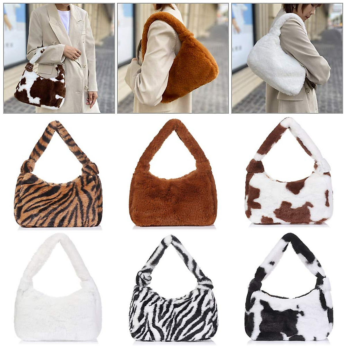 Women Leopard Print Clutch Handbag Plush Faux Fur Tote Bag Soft Warm Shoulder Crossbody Purse (1-cow print White)