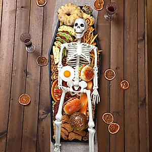 Seeloowy 32'' Halloween Coffin Charcuterie Board with 36" Skeleton Extra Large Wooden Coffin Serving Tray Board 3 ft Skeleton Spooky Gothic Home Decor for Halloween Party Gothic Accessories
