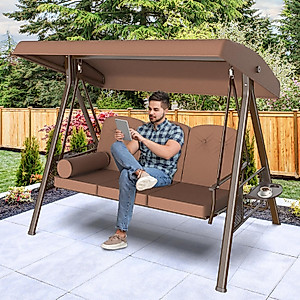 ZENPETIO 3-Seat Outdoor Patio Swing, Adjustable Canopy Porch Swings, Deluxe Outdoor Swing with Weather Resistant Steel Frame, Thickened Cushions, Pillows & Cup Holders for Backyard, Porch, Garden