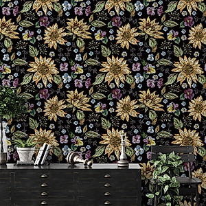 CHIHUT 17.7”x100” Sunflower Peel and Stick Wallpaper Self Adhesive Removable Sunflower Wallpaper Vintage Dark Sunflower Contact Paper Vinyl Wall Paper Decorative for Cabinets Bathroom Walls Shelves