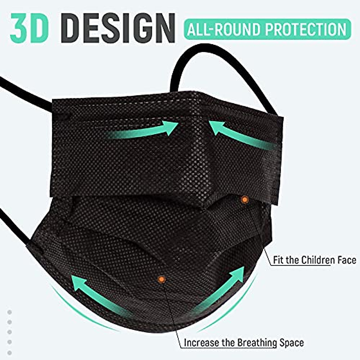 YHDOLL 50PCS Kids Masks 3 Ply Black Disposable Face Shield Filter Protection Breathable Dust Proof for Children, Boys and Girls(Pack of 50,Black)