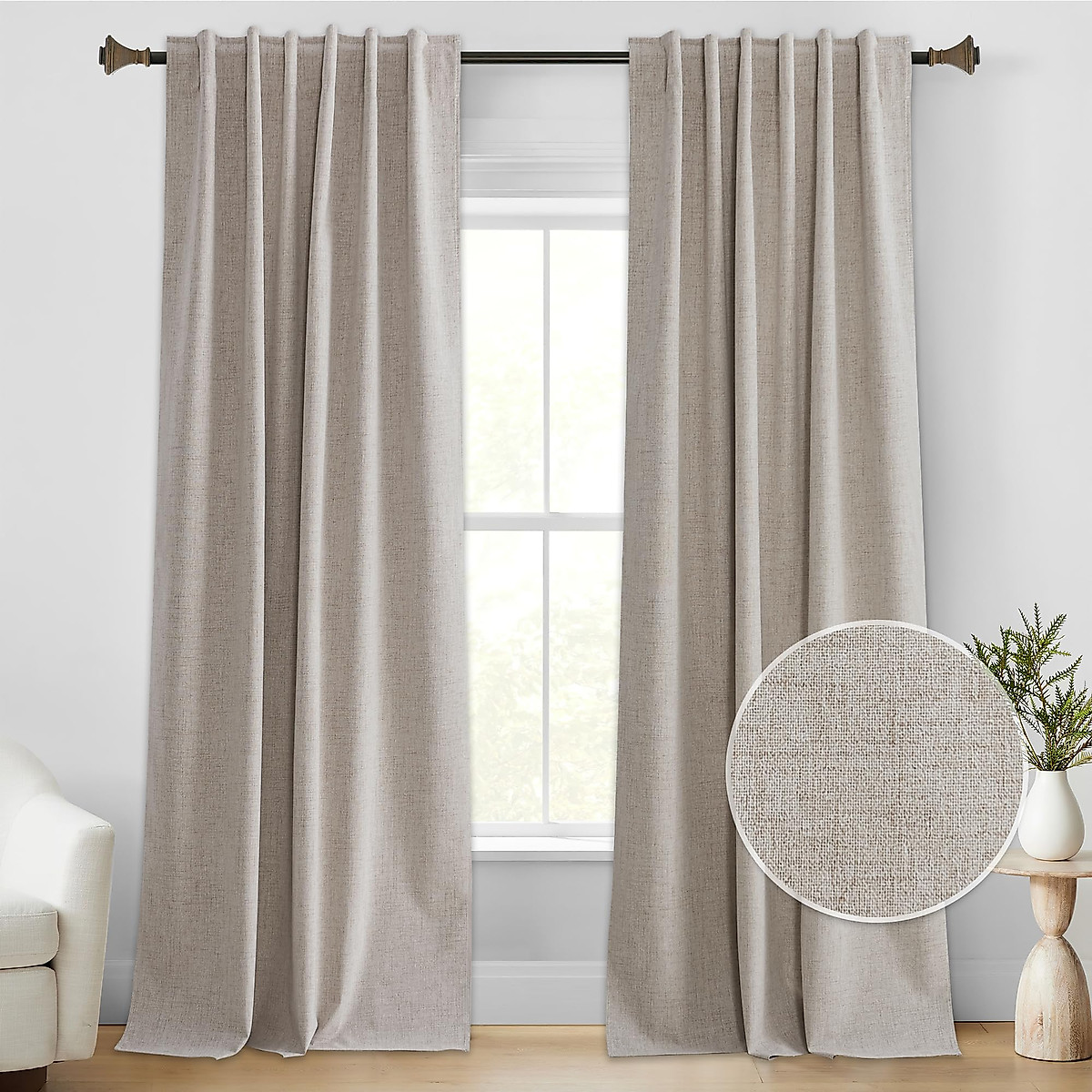 StangH 100% Blackout Curtains for Bedroom, Natural Linen Beige Curtains 84 inches Long Solid Thermal Insulated Farmhouse Drapes for Living Room Sliding Glass Door Nursery, W52xL84, 2 Panels