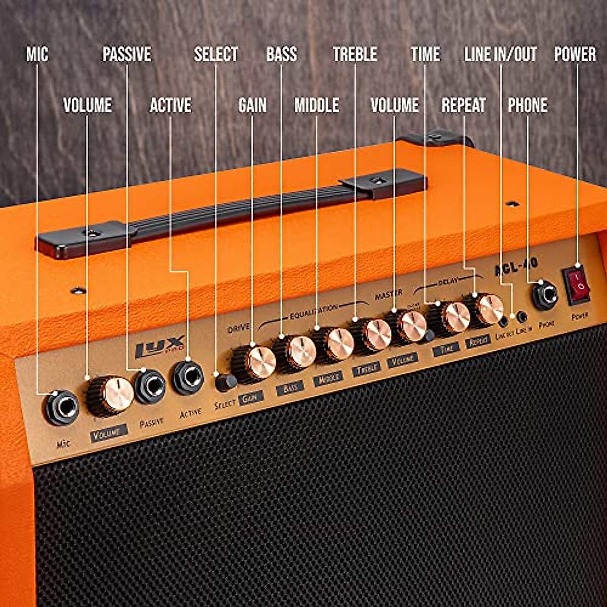 LyxPro 40 Watt Electric Guitar Amplifier | Solid State Studio Amp with 8” 4-Ohm Speaker, Custom EQ Controls, Drive, Delay, ¼” Passive/Active/Microphone Inputs, Aux in & Headphone Jack - Sunburst