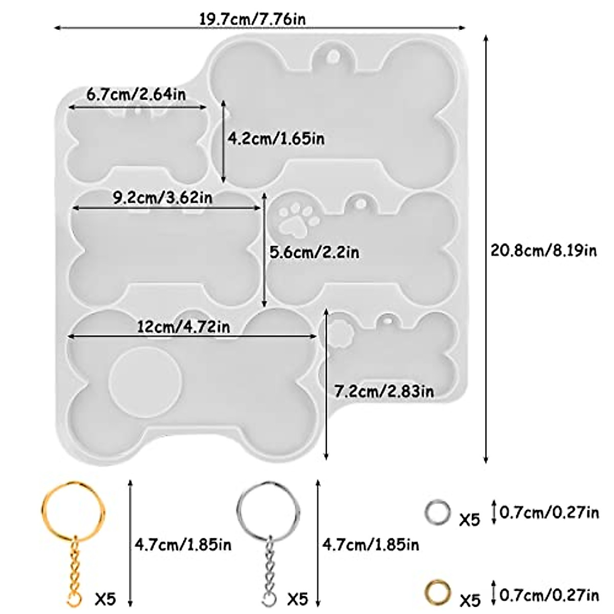6 PCS Pet Tag Resin Molds, AFUNTA Dog Bone Shaped Tag Silicone Molds Photo Memorial Resin Molds Silicone with 10 Key Rings, for DIY Keychain Pet Tag Pendant Craft