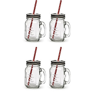Circleware Country Glass Yorkshire Jar Drinking Handles, Metal Lids and Mason Mugs, 4 Count (Pack of 1), Hard Plastic Reusable Straws, Set of 4