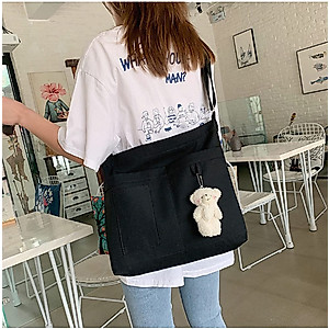 Kehpish Economical Cotton Canvas Tote Bag,Women Hobo Shoulder Bag Crossbody Handbag with 3 External Pocket,Zipper Closure