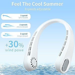HUIDANGJIA Portable Neck Fan, Bladeless Personal Fan, Rechargeable 4000mAh Battery, No Hair Snagging, 3 Speeds Faster Cooling, Ultra Quiet, Gifts for Men Women, Home, Office, Travel Essentials, White