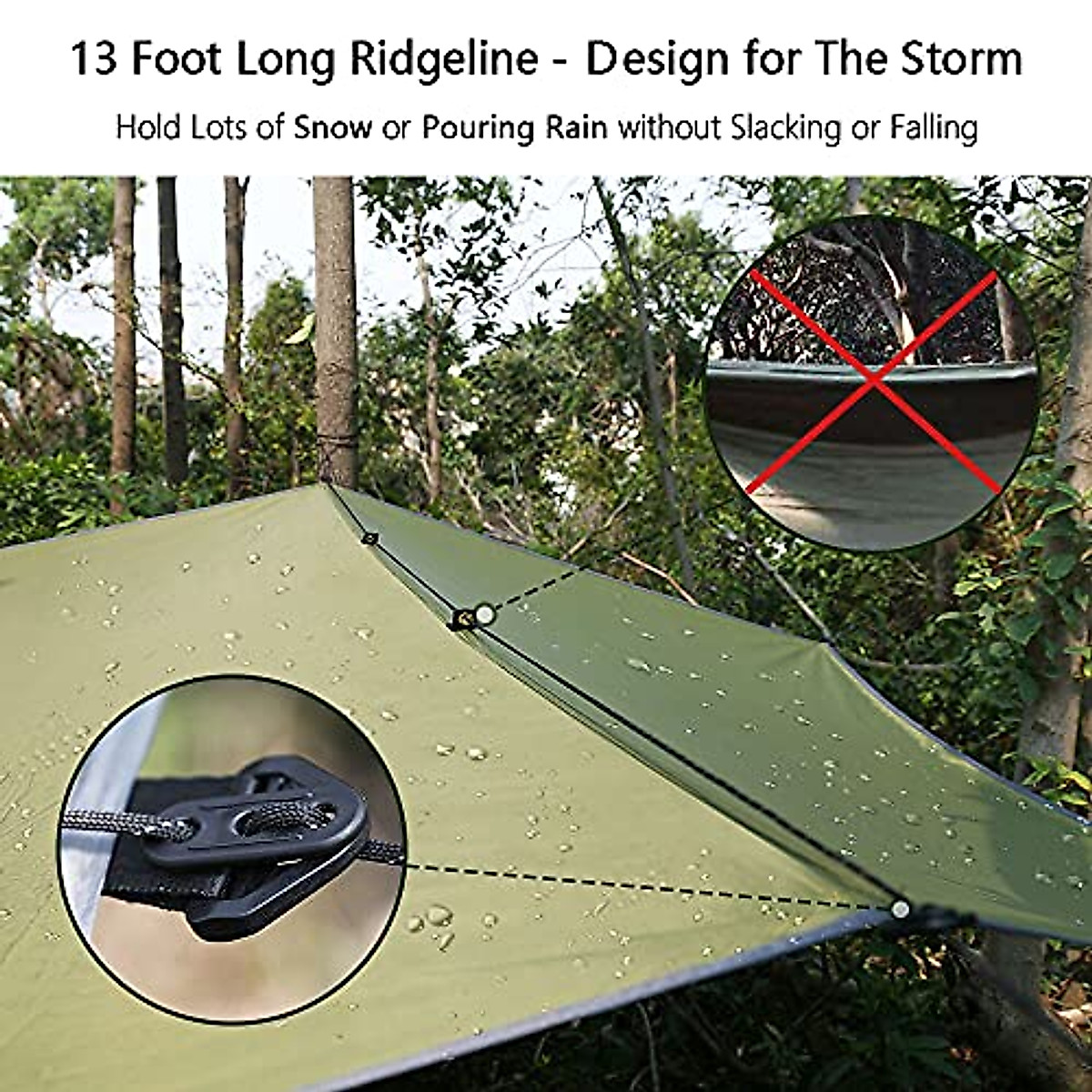 Hammock Rain Fly Tent Tarp Provides Effective Protection Against Rain, Snow. 32ft Long Ridgeline. Big 9.8x9.5ft Durable, Waterproof 210D Oxford. 6 Reflective Guy Lines, 2 Stuff Sacks. Easy Assembly