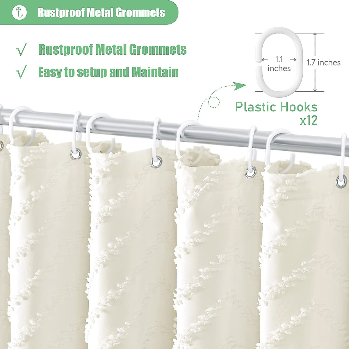 Dynamene Boho Farmhouse Shower Curtain, Cream Fabric Tufted Chevron Striped Textured Tassel Shower Curtains for Bathroom, Water Repellent, Minimalist Ruffled Cloth Shower Curtain Set with Hook, 72x72