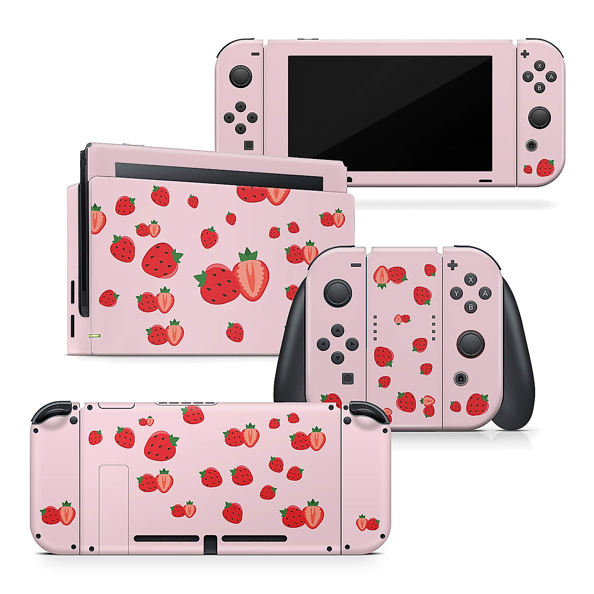 Tacky Design Strawberries Skin Compatible with Nintendo Switch Skin Wrap Cover, Kawaii Pink Strawberry Skin for Nintendo Switch Stickers, Premium Vinyl 3M Full Wrap Decal.