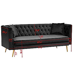 OUYESSIR Velvet Couch with Two Pillows and Gold Metal Feet, Modern Sofa for Living Room and Bedroom, 77 Inches, Black