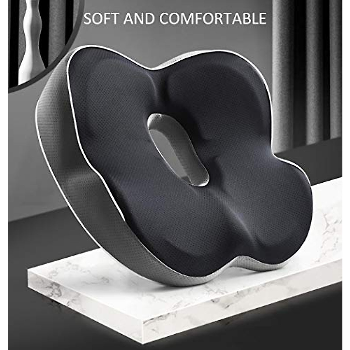Seat Cushion for Office Chair-Ergonomic Tailbone Cushion-Desk Chair Cushion Pillows for Pain Relief-Comfort Memory Foam Chair Pad for Sitting-Washable Cover-Black & Grey-A