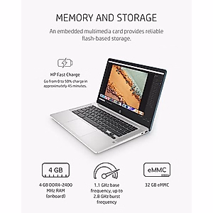 HP Chromebook 14 Laptop, Intel Celeron Processor, 4 GB RAM, 32 GB eMMC, 14” HD (1366 x 768) Touchscreen, Chrome OS, Webcam & Dual Mics, Work, Entertainment, Long Battery Life (14a-na0150nr, 2021)
