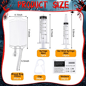 Jerify 36 Pcs Blood Bag Set 20 Pcs IV Bags Pouches 15 Pack Jelly Syringes and Injection Syringe for Halloween Gag Gift Graduation Zombie Vampire, Reusable Party Cups Container