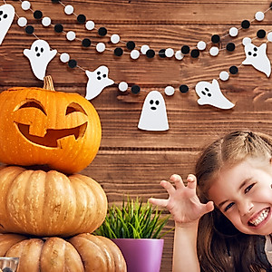 3 Pieces Halloween Ghost Pom Pom Ball Garlands Halloween Theme Banner Black and White Felt Ball Halloween Ghost Hanging Decorations for Haunted Houses Doorways Indoor Outdoor Home Mantel Decorations