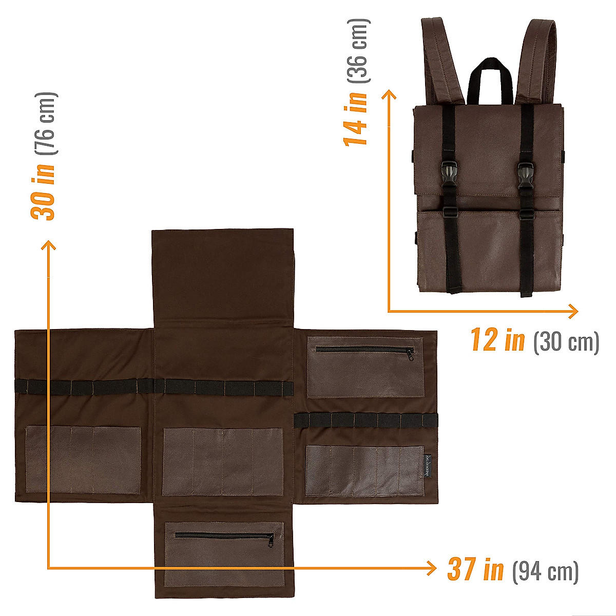 Under NY Sky Knife Bag - Brown Real Leather - 13 Knife Slots, 2 Zipped Pockets for Kitchen Utensils, Large Pocket for Tablets & Notebooks - Expandable - Tool Storage Bag Style for Chefs, Cooks, BBQ