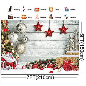 CHAIYA 7X5FT Christmas Backdrop White Wood Floor Photography Backdrop Winter Snow Christmas Balls Xmas Tree Gift Family Party Photo Background New Year Party Decoration Backdrops CY194