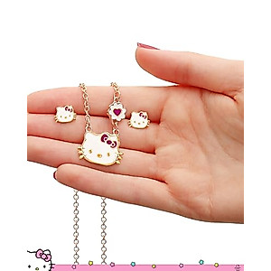 Hello Kitty Sanrio Girls Jewelry Set - Flash Plated 18+3 Necklace and Stud Earrings Officially Licensed