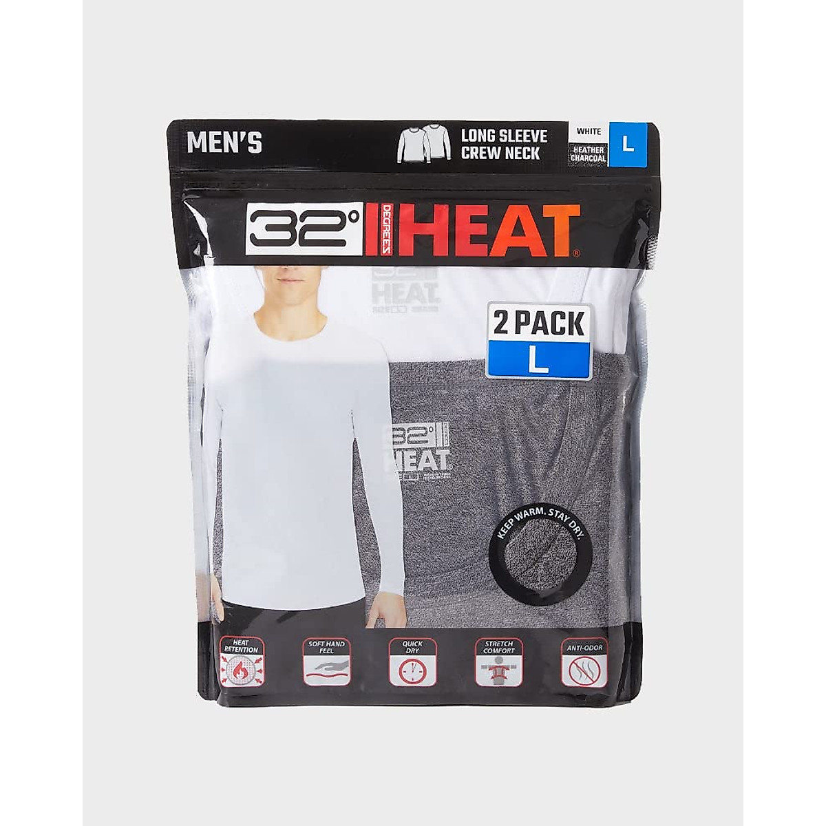 32 DEGREES Men's 2-Pack Performance Lightweight Thermal Baselayer Crewneck Long Sleeve Shirt Top | Moisture Wicking | Anti Odor, WHITE/CHARCOAL HEATHER, X-Large