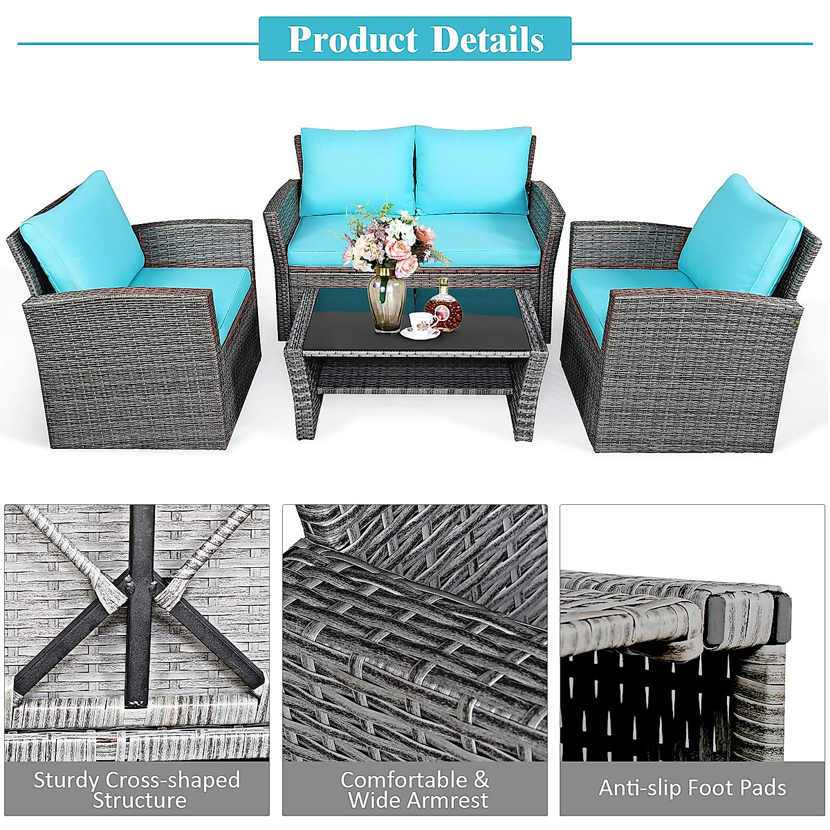 Tangkula 4 Pieces Patio Furniture Set, All Weather Outdoor Sectional Rattan Sofa Set with Cushions & Tempered Glass Table, Wicker Conversation Couch Set for Backyard Garden Poolside (Turquoise)
