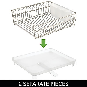 mDesign Large Metal Wire Kitchen Countertop, Sink Dish Drying Rack - Removable Plastic Cutlery Tray, Drainboard with Adjustable Swivel Spout - 3 Pieces - Satin/Clear Frost