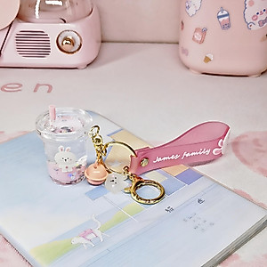 Rertnocnf Cute Kawaii Floating Cartoon Animals White Rabbit Milk Tea Cup Design Backpack Car Key Pendant Kids Girls Women Handbag Wallet Clear Acrylic Glitter Liquid Keychain