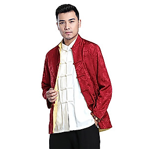 ZooBoo Chinese Clothing Tang Suit - Reversible Traditional China Ancient Costume Male Martial Arts Tang Suit Coats Kung Fu Long Sleeve Jacket Both Sides Wear Tops for Men (XXL, Red with Gold)