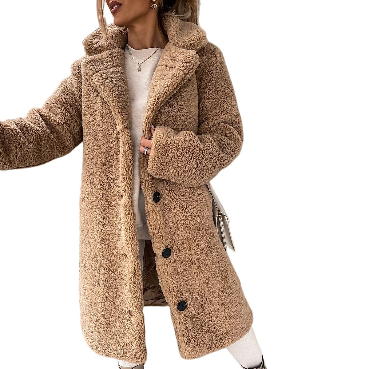 Vliolat Womens 2022 Winter Coats Fuzzy Fleece Long Hooded Jackets Button Down Faux Fur Warm Outwear with Pockets