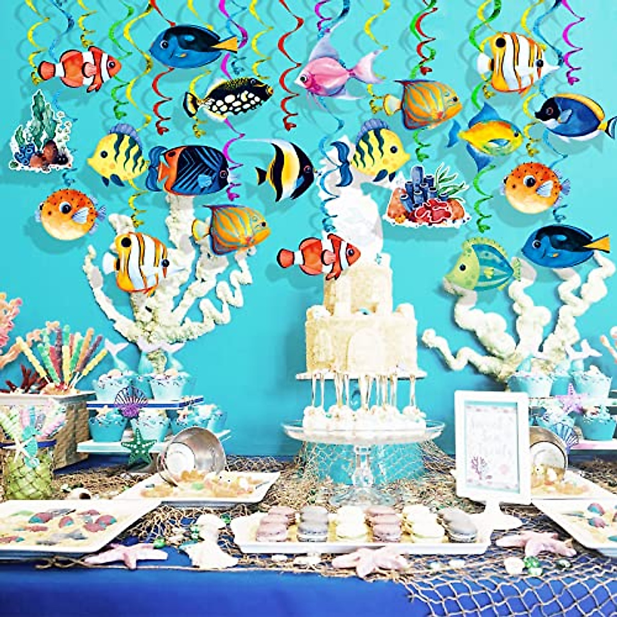 Tropical Fish Hanging Swirls 30 Pack Foil Ceiling Hanging Swirls Streams Banner Decorations Garland for Kids Under the Sea Ocean Baby Shower Celebrating Events Birthday Party Supplies Room Wall Decor