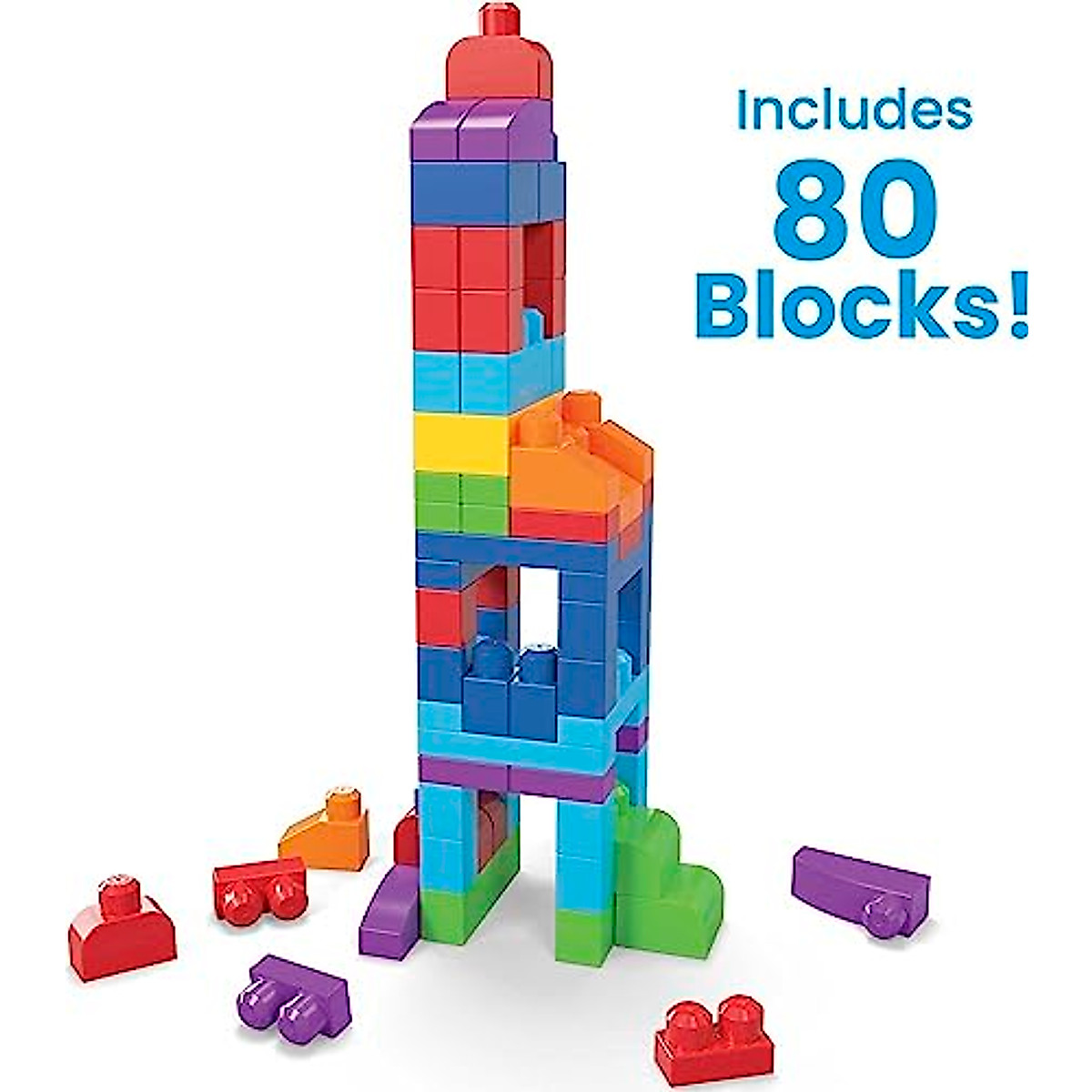MEGA BLOKS Fisher-Price Toddler Block Toys, Big Building Bag with 80 Pieces and Storage Bag, Blue, Gift Ideas for Kids Age 1+ Years
