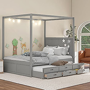 LZ LEISURE ZONE Queen Size Canopy Platform Bed, Wood Queen Size Canopy Bed with Twin Size Trundle and 3 Storage Drawers, Grey