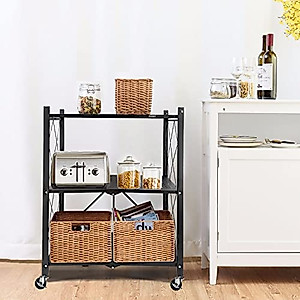 ALANNG Storage Shelves Heavy Duty on Wheels, 3 Tier Rolling Cart,Metal Shelving Units 28" W x 14" D x 35" H for Garage Kitchen Bakers, Metal Wire, Collapsible/Foldable Organizer Rack