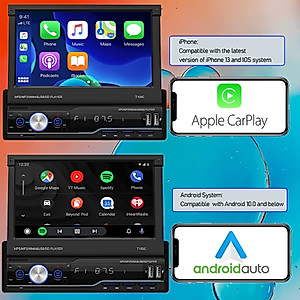 7 Inch Single Din Car Stereo, Apple Carplay Android Auto Flip Out Car Touchscreen Radio with Bluetooth,Mirror Link,Backup Camera, USB/AUX Input,AM/FM