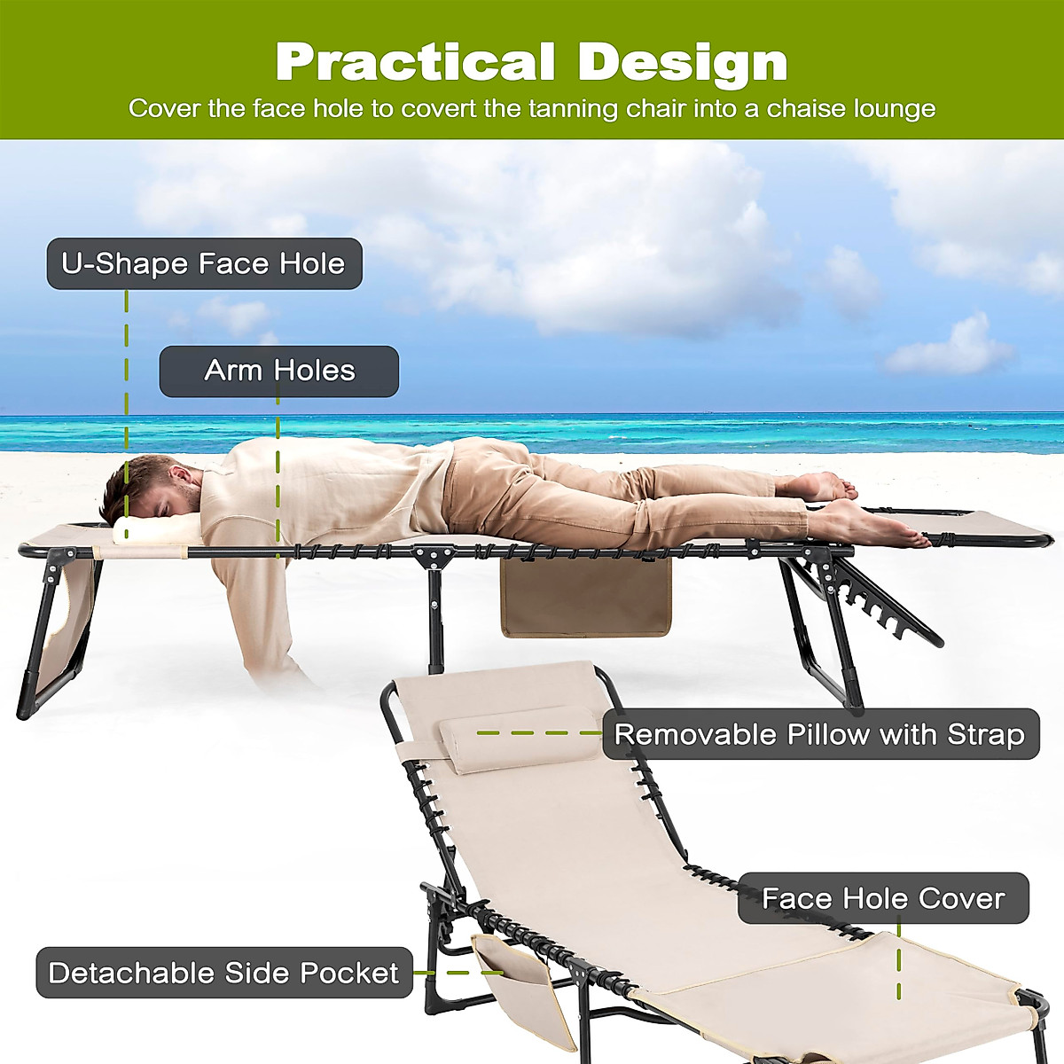 NUU GARDEN Folding Oxford Chaise Lounge Chair, Patio Tanning Chair with Face Hole Adjustable 5-Position Folding Chaise Lounge Chairs, Reclining Lounge Chair with Pillow for Beach, Patio, Pool, Khaki
