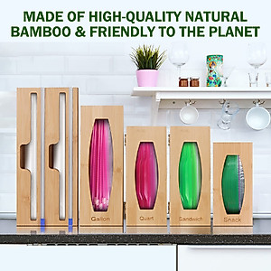 MapleGrace 6 in 1 Openable Bag Organizer for Kitchen Drawer Foil and Plastic Wrap Organizer with Cutter, Separate Storage Bag Organizer for Kitchen Storage, for Gallon,Quart,Sandwich,Snack