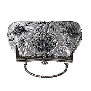GUOZI Vintage Floral Beaded Rhinestone Embroidery Clutch Sequin Wedding Party Prom Bag Crossbody Evening Handbag for Bridal Ladies (Grey)
