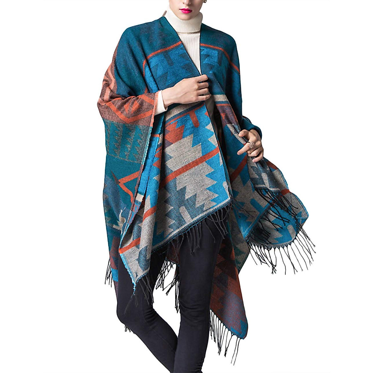 xxxiticat Women's Native American Trendy Cashmere Plaid Pattern Wrap Shawl Cardigan Poncho Cape Scarf(BE) Blue